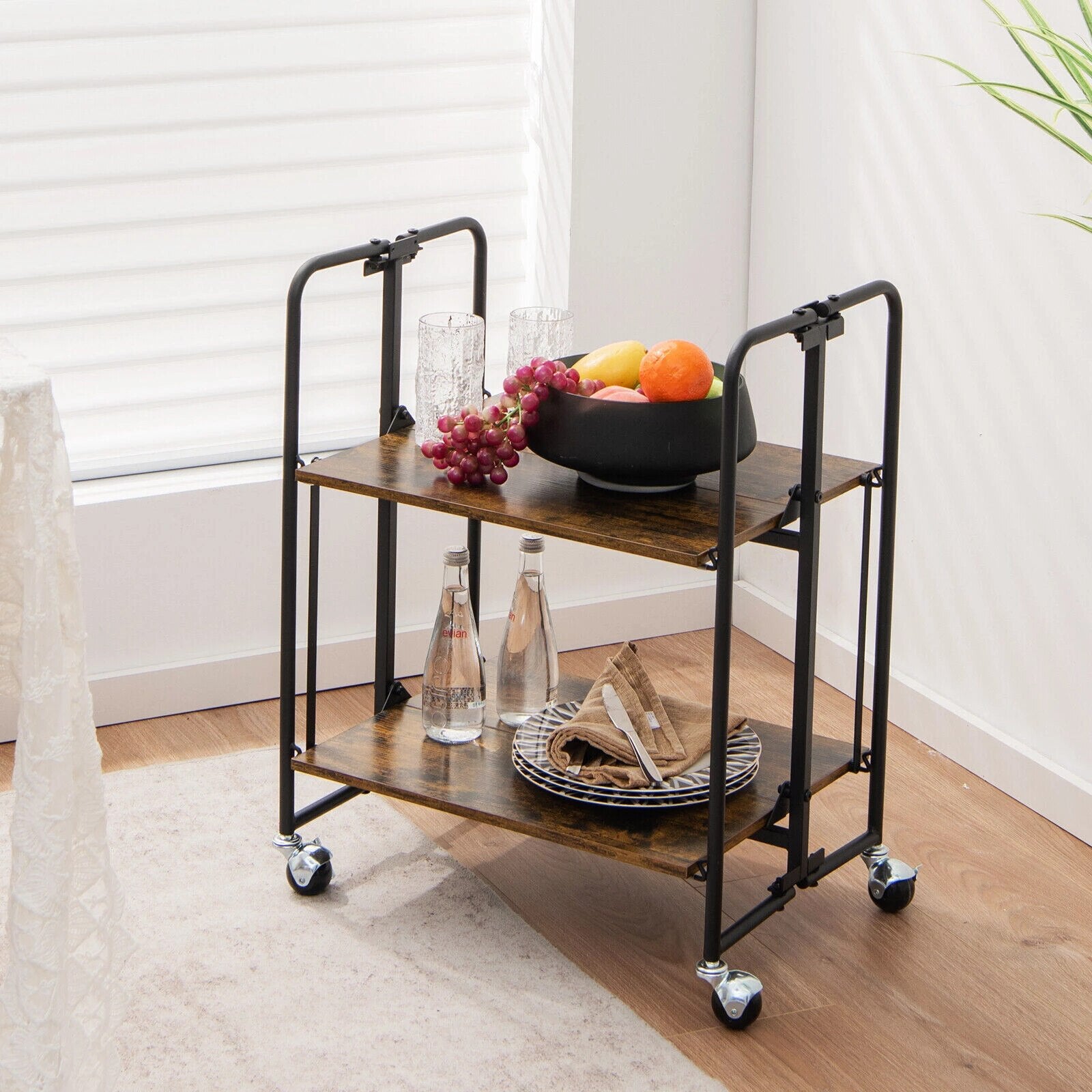 2-Tier Folding Bar Cart Kitchen Serving Island Utility Cart Storage Sh